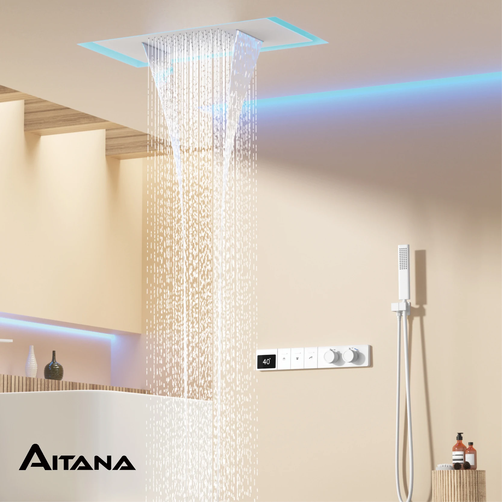 Intelligent digital display luxury white brass shower system with ...
