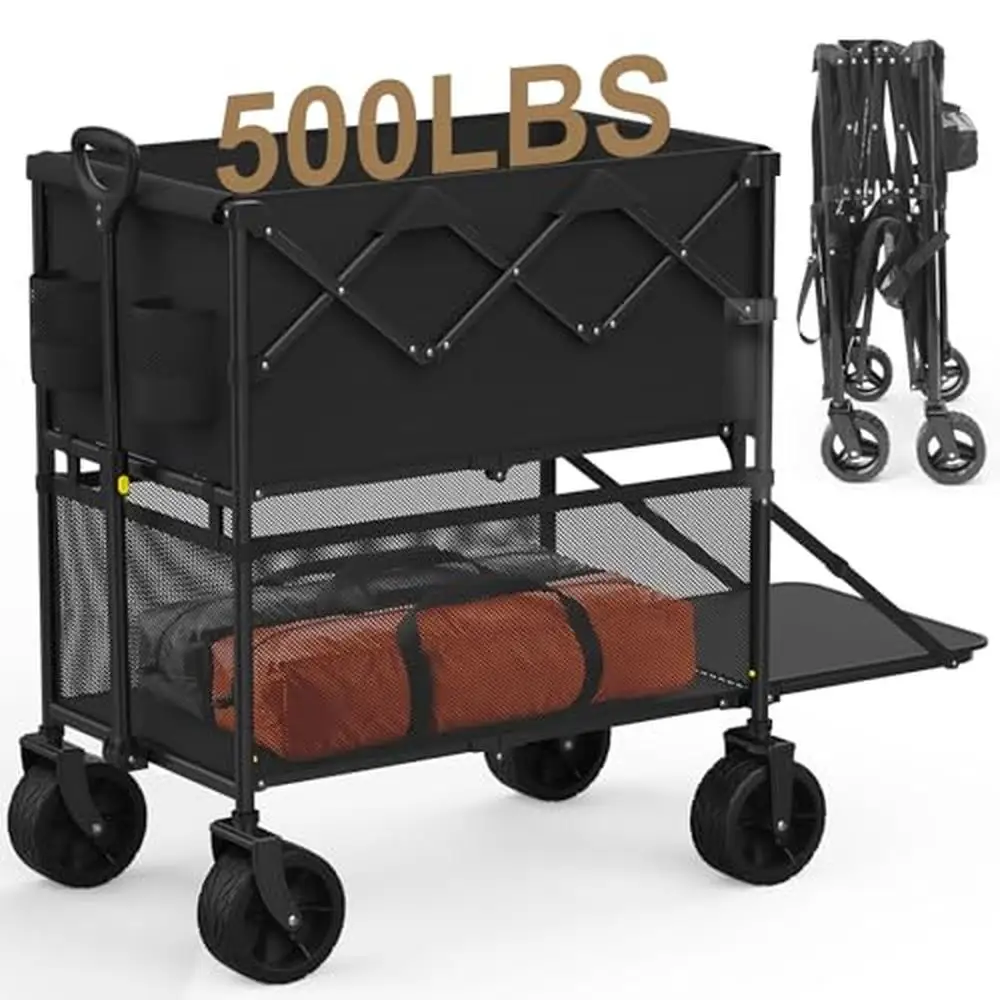 Folding-Double-Decker-Wagon-47-Long-Extender-Cart-500lbs-Heavy-Duty-All ...