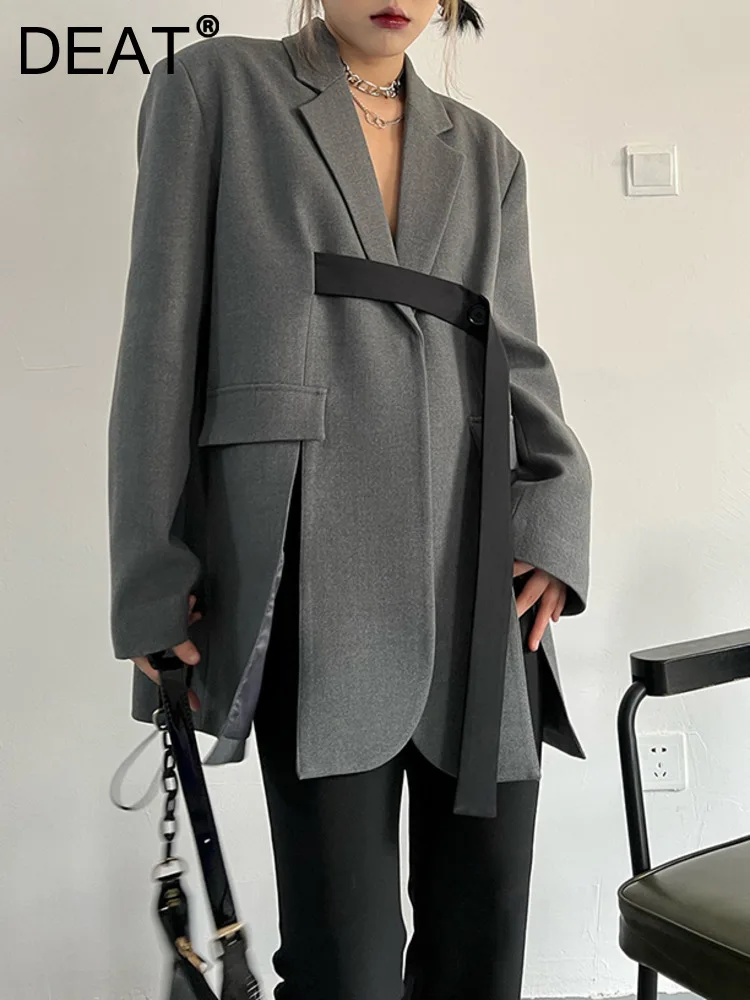 DEAT-Fashion-Women-Blazer-Notched-Collar-Loose-Contrast-Color-Bandage ...