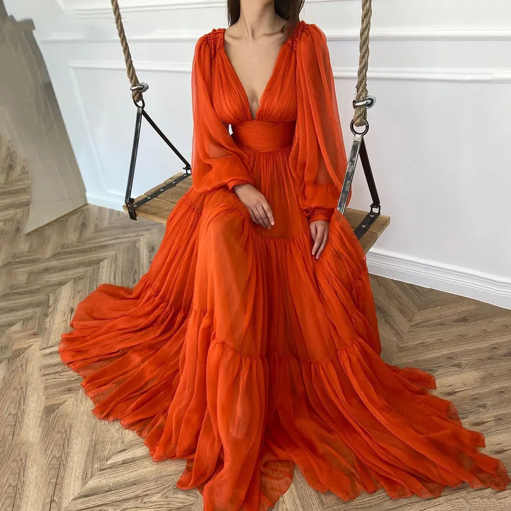 Evening Gowns Women Orange | Long Dress Evening Gown Orange - Chiffon ...
