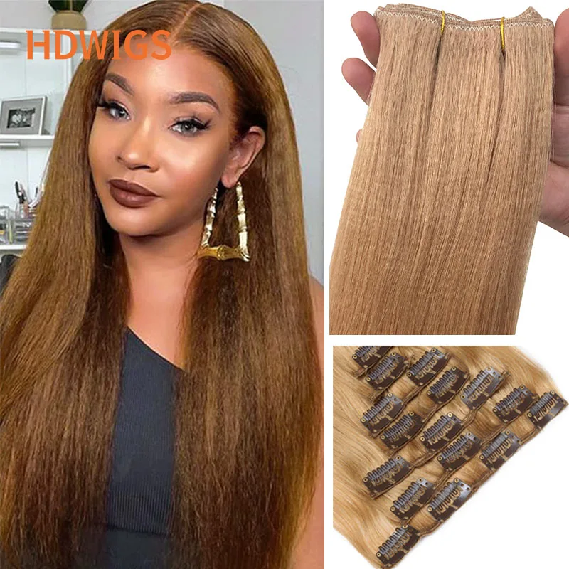 Clip in Human Hair Extension Kinky Yaki Straight 7pcs Clips in Hair ...