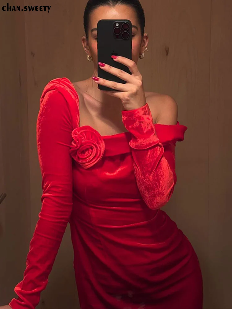 fashion-Red-3d-Flower-Woman-Furry-mini-Dress-Slim-Irregular-Neck-Long ...