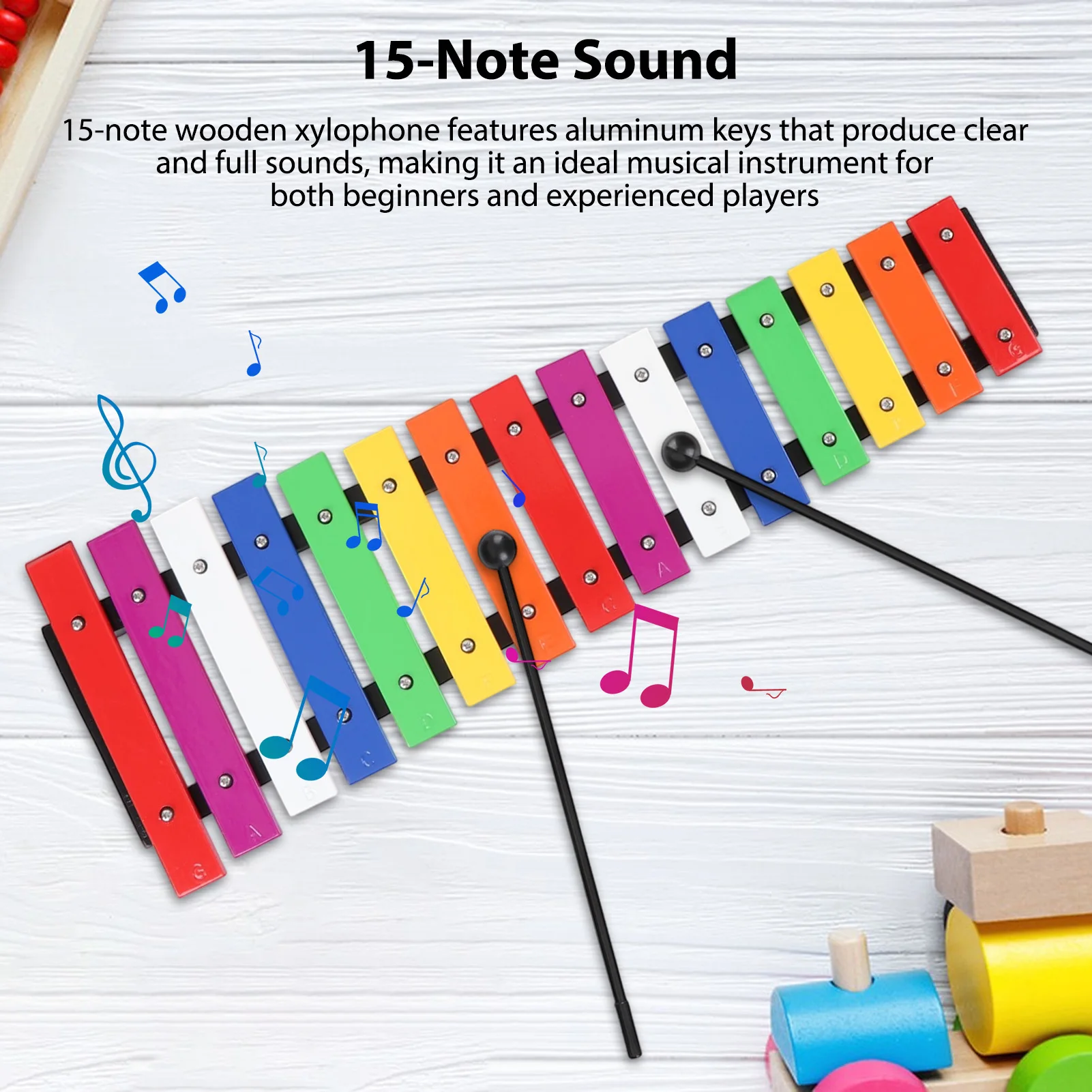 15 Notes Wooden Xylophone with 2 Mallets Colorful Keys Glockenspiel ...