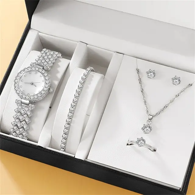 6PCS Set Luxury Watch Women Ring Necklace Earring Rhinestone Fashion Wristwatch Casual Ladies ...