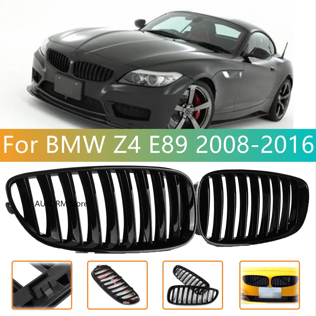 2008-2016-Gloss-Black-Front-Hood-Single-Line-Grille-Front-Kidney-Grille ...