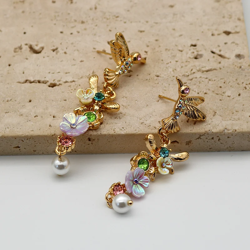 Vintage Hummingbird Flower Long Earrings Exquisite Women Jewelry ...
