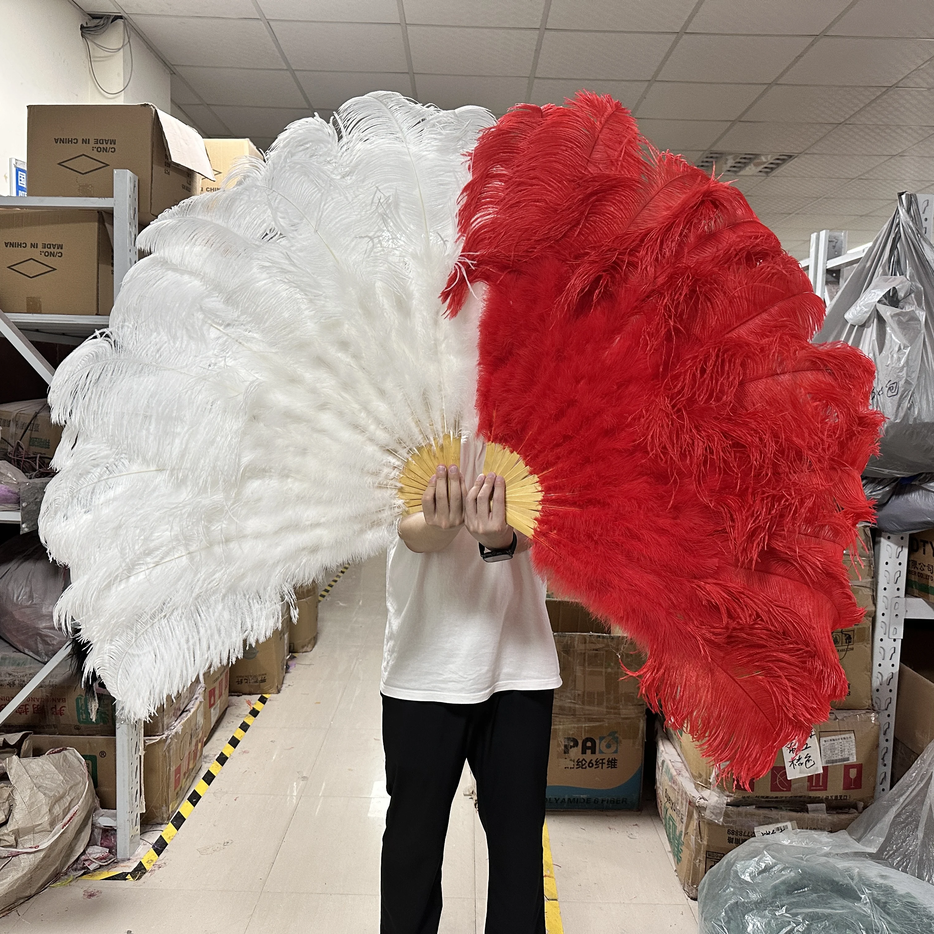 13Bone White Red Ostrich Feather Fan 1/2PCS Foldable Handheld Fluffy ...