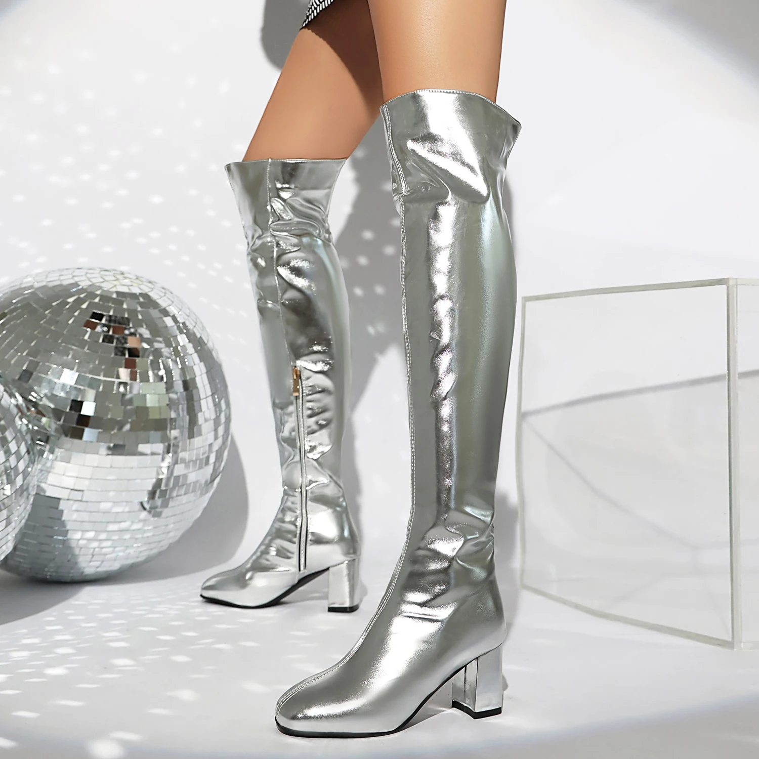 Metallic-Gold-Silver-Thigh-High-Long-Boots-Women-s-Patent-Leather-Over ...