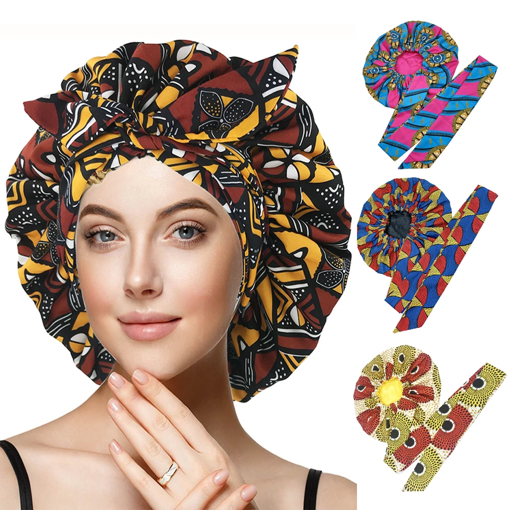 New African Ankara Pattern Satin Linned Bonnet Women Long Ribbon ...