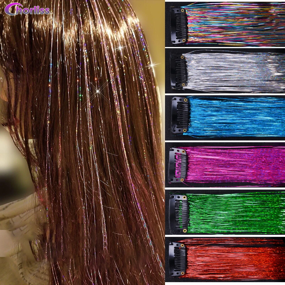 Tinsel Hair Extensions Clip | Color Hair Extension Rainbow - Synthetic ...