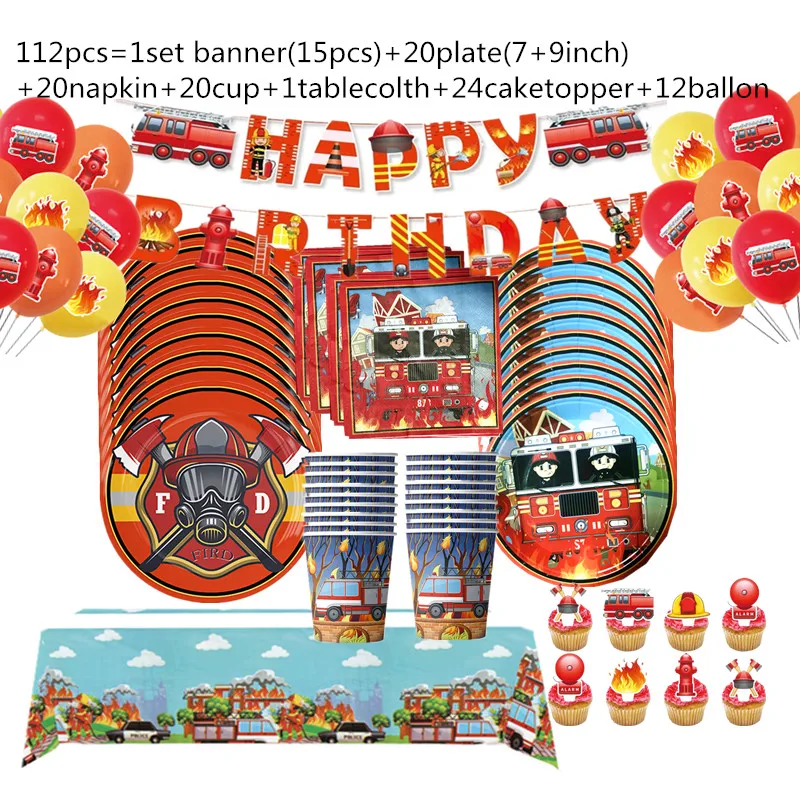 Fire-Truck-theme-Party-Supplies-Plates-Napkins-Cup-Tablecloth-Banner ...