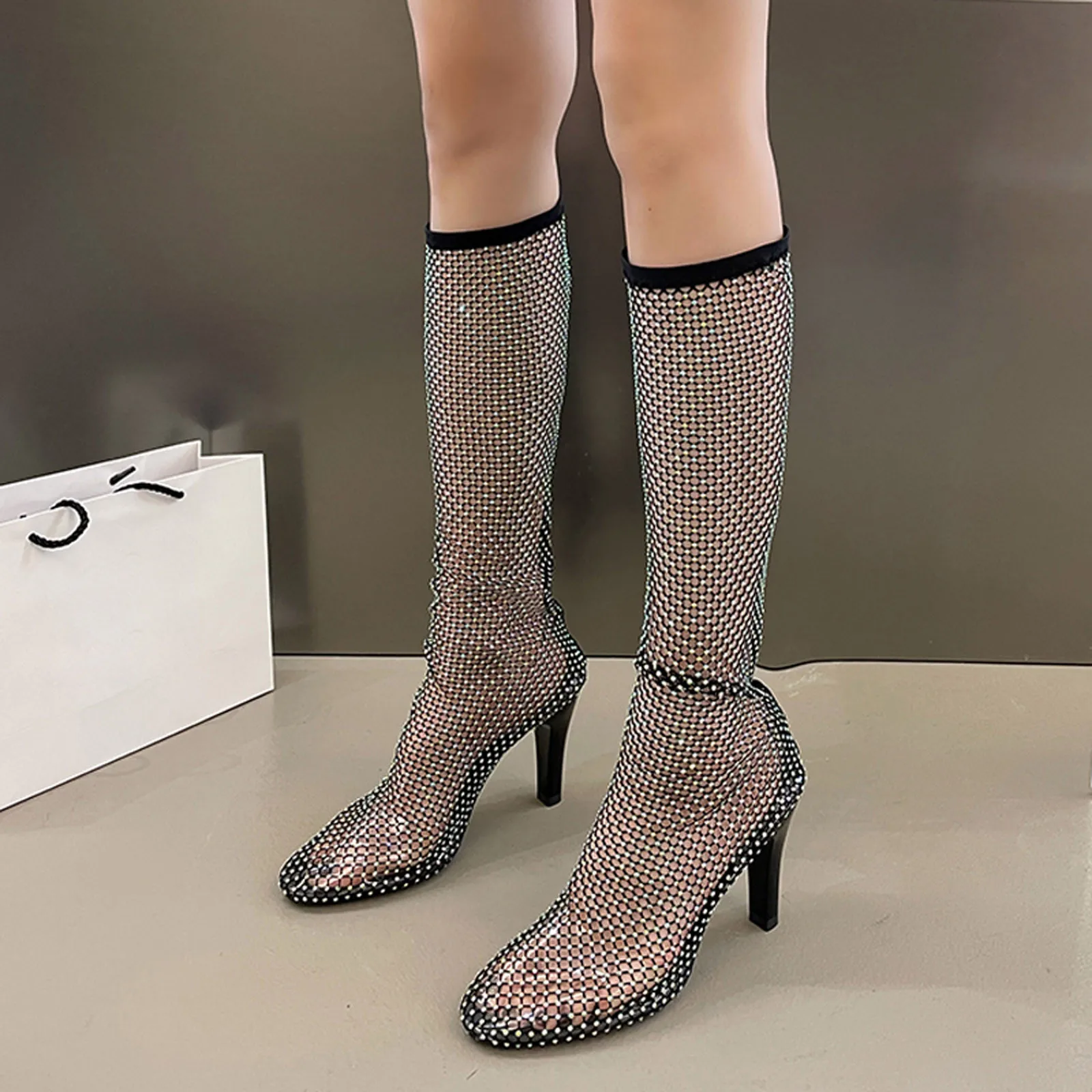 Women-s-Solid-Color-Mesh-Round-Boots-Rhinestone-Shoes-Thin-High-Heels ...