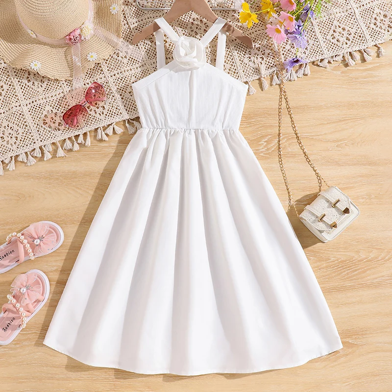 White Dress For Girls 8-12 Years Rose Decor Sleeveless Halter Dress ...