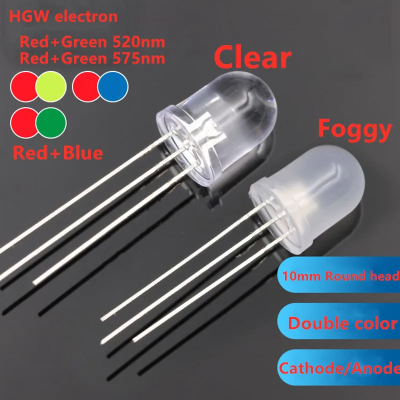 20PCS 10mm Round head led bicolor RED/Blue/Yellow/GREEN Transparent ...