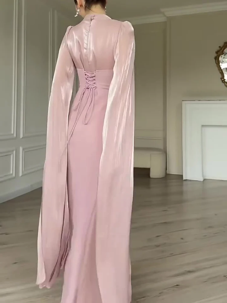 Sexy O-neck Split Sleeve Satin Slim Robes Elegant Pleated High Waist ...
