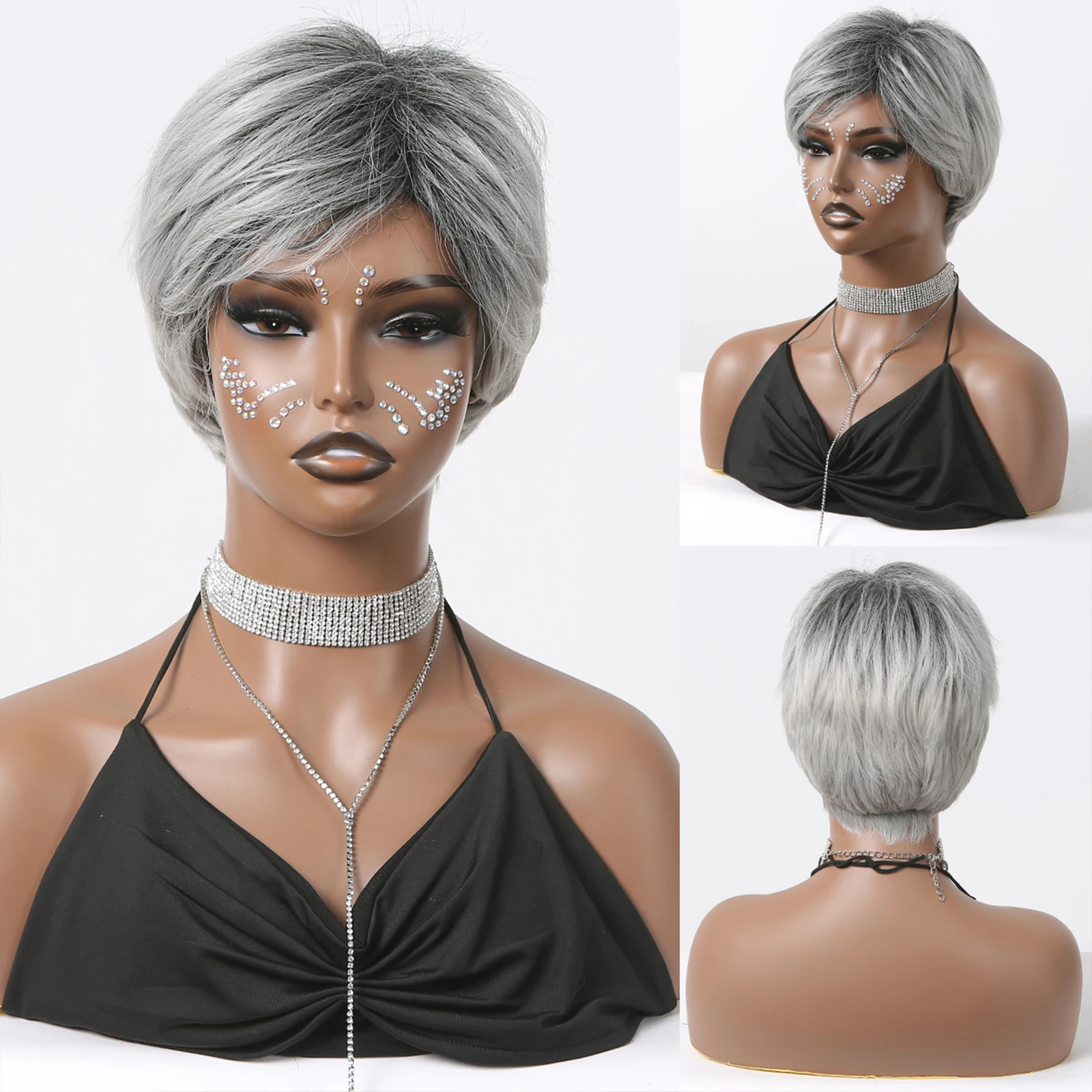 Short-Silver-Gray-Hair-Wigs-Synthetic-Ombre-Pixie-Cut-Wigs-With-Bangs ...