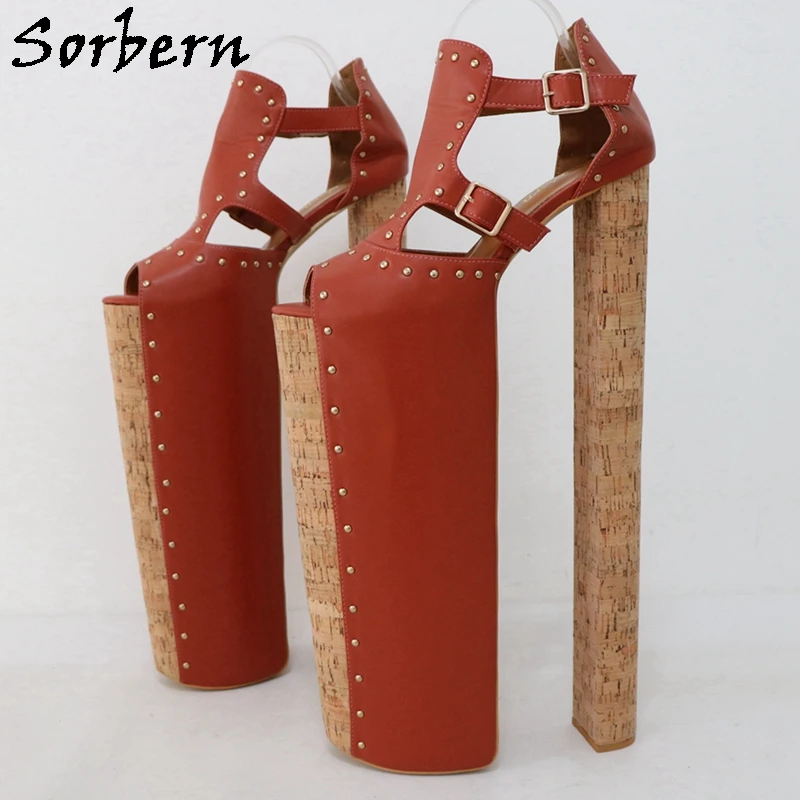 Sorbern-Brown-Matte-Women-Sandals-40Cm-Cork-Wrapped-Block-High-Heels ...