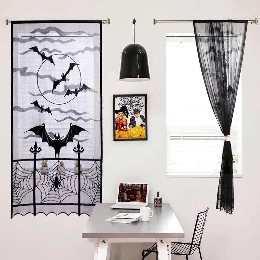 Black-Lace-Halloween-Sheer-Curtains-Spider-Web-Bats-Door-Curtain-Panel ...