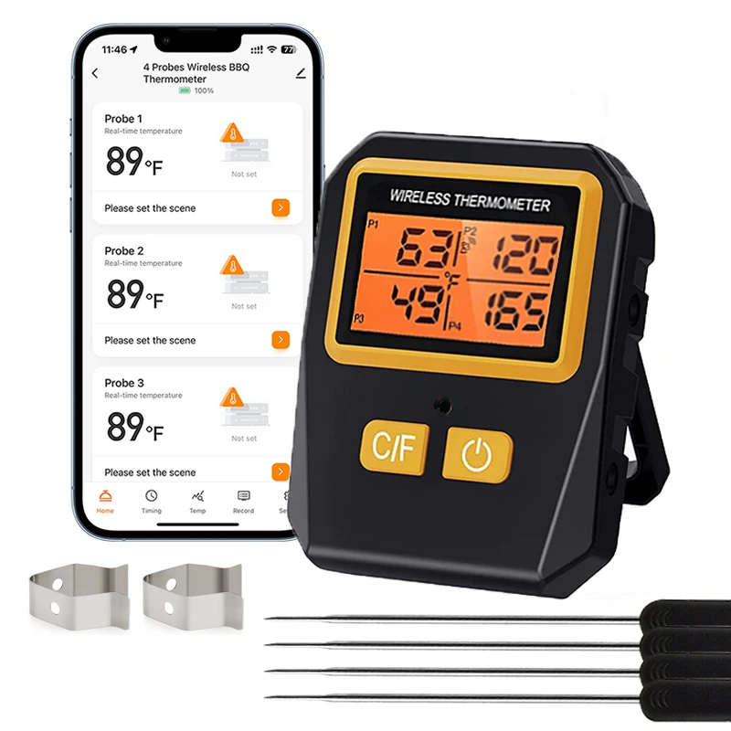 100M Wireless Digital Meat Thermometer with 4 Probes Backlight for ...