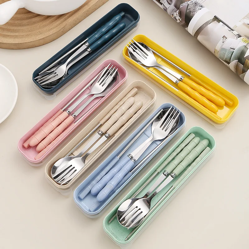 Stainless-Steel-Portable-Cutlery-Set-With-Storage-Box-Wheat-Straw-Fork ...