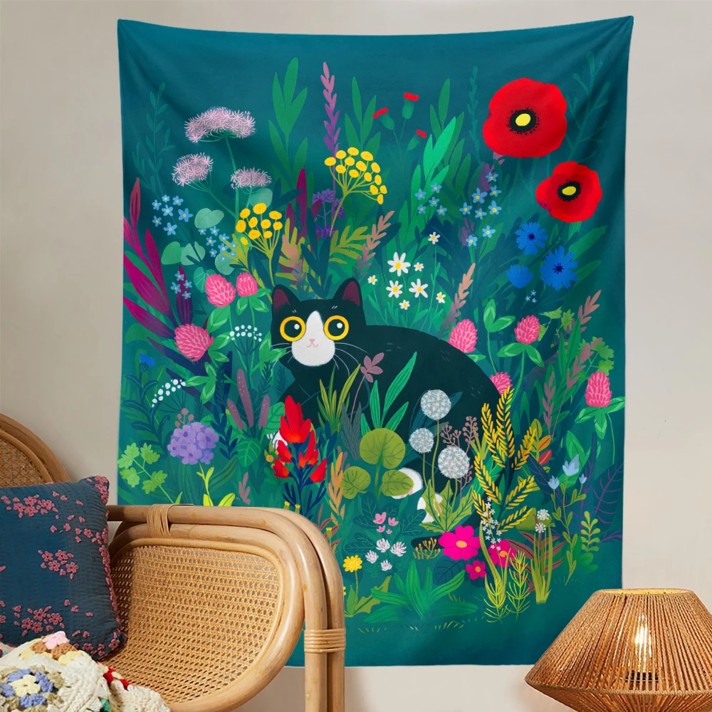 Cute Cat Tapestry Wall Hanging Botanical Flower Wall Decoration ...
