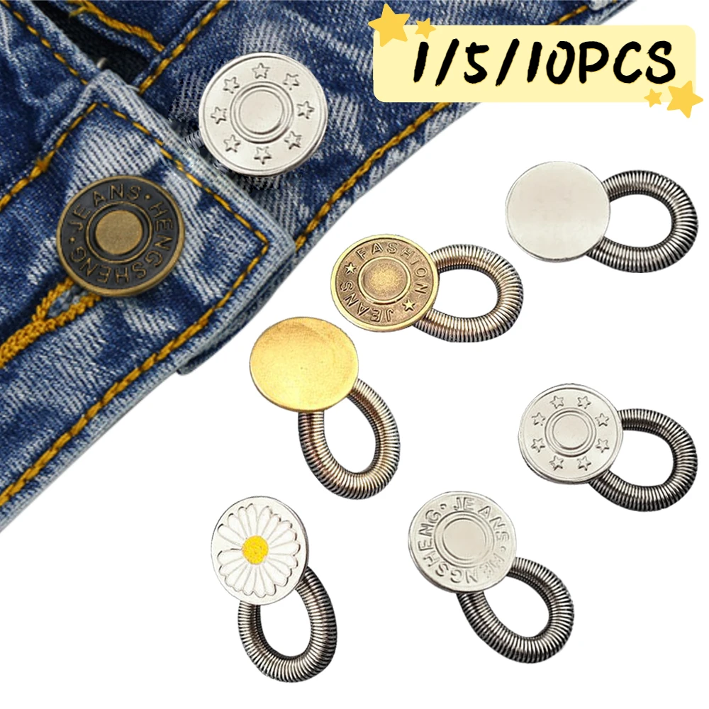 Flexible-Pants-Waist-Extender-Button-No-Sew-Metal-Elastic-Spring ...