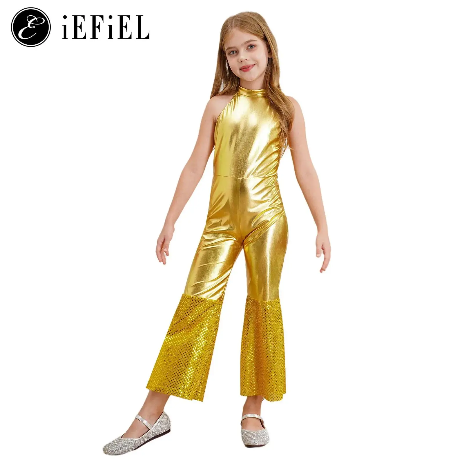 Girls-Dancing-Queen-Costume-Retro-70s-Disco-Metallic-Halter-One-Piece ...