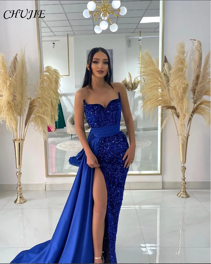 Bleu marine sirène paillettes robes De soirée Robe De bal Sexy fendu ...