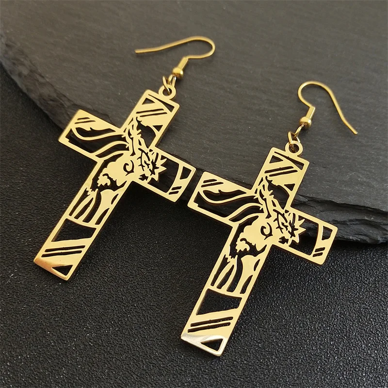 Catholic Cross Crucifix Pendant Earrings for Women Stainless Steel Gold ...