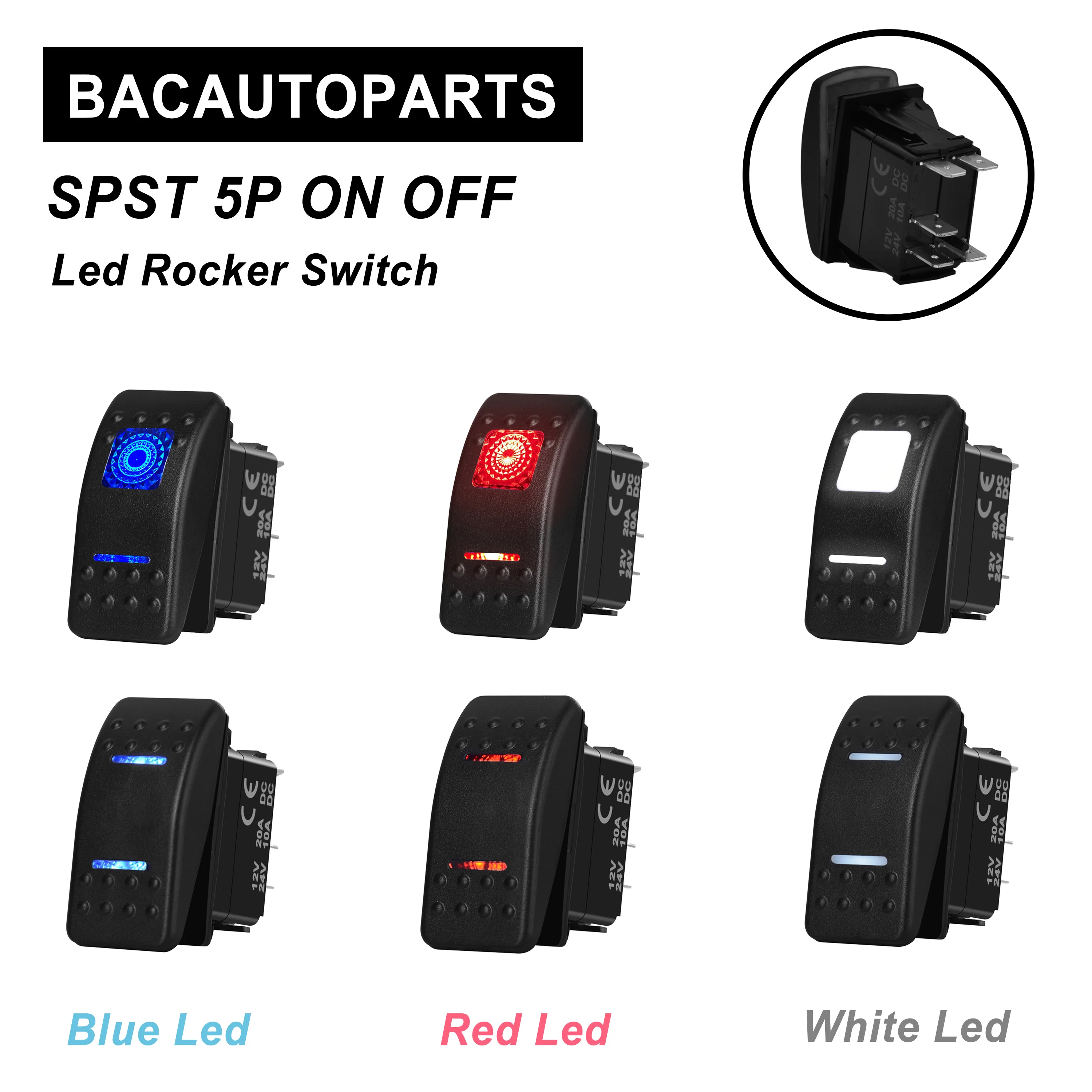 Red/Blue/White Dual Led Rocker Switch SPST 5P ON OFF For Car Marine ...