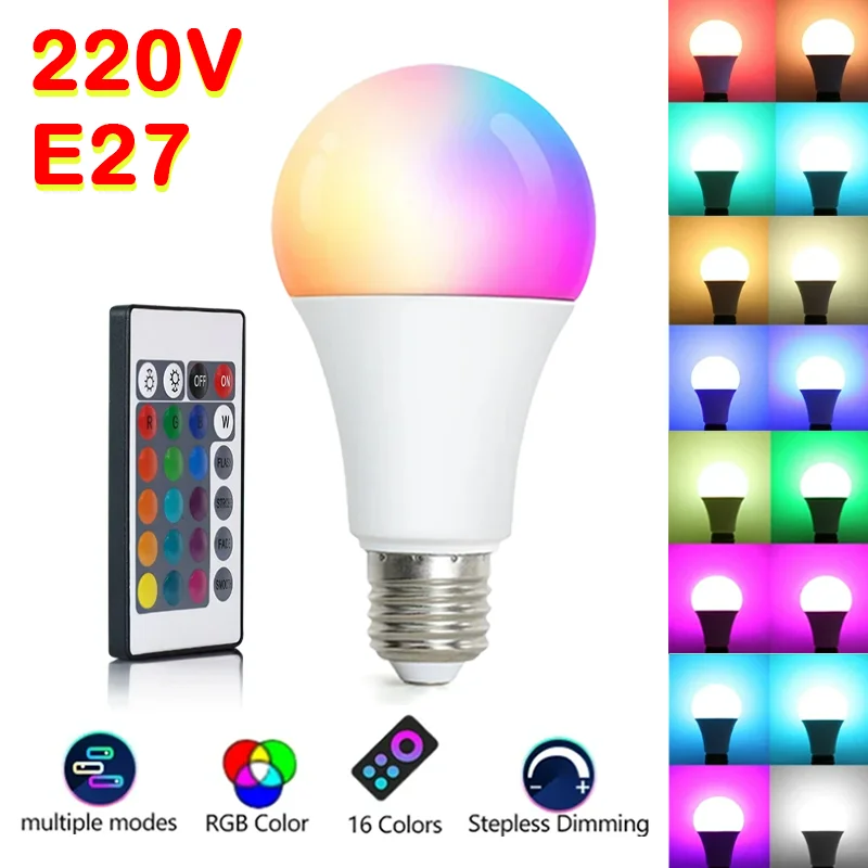 16-Colors-RGB-LED-Light-Bulb-E27-Base-220V-Household-Lighting-Dimmable ...