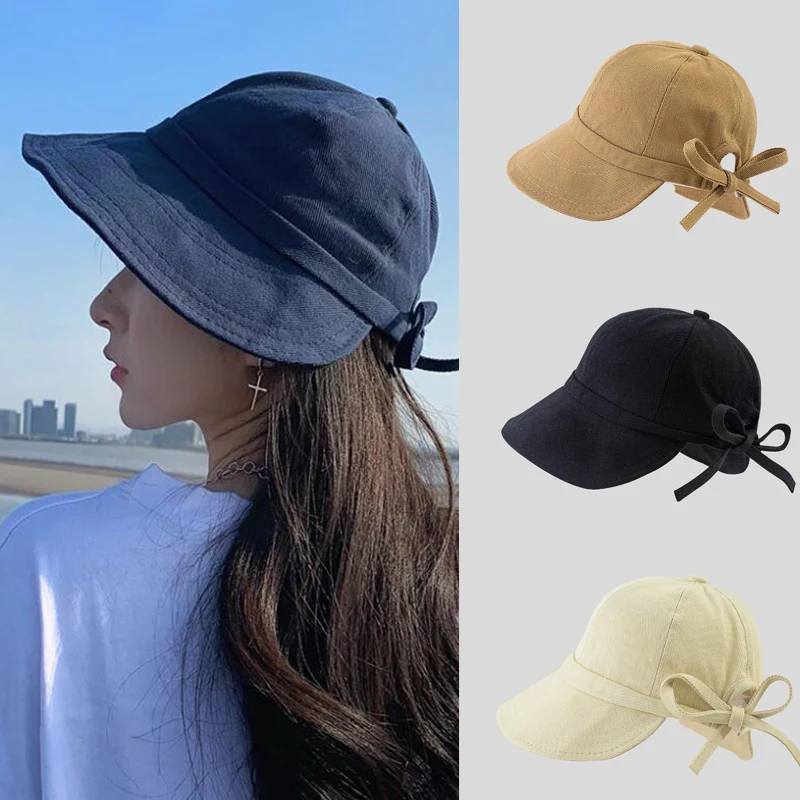여성용 여름 보닛 모자 부드러운 코튼 접이식 야외 선바이저 모자 여성용 버킷 캡 패션 와이드 브림 타이 보우 단색