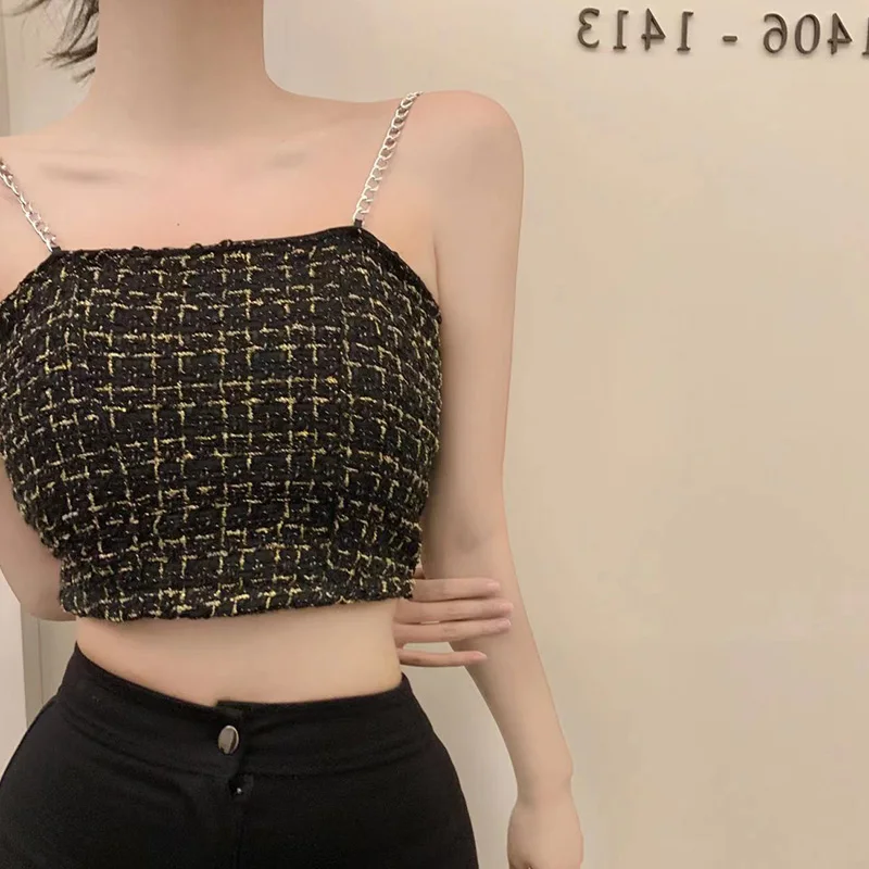 Women-s-Crop-Top-Strappy-Tight-Tops-Sleeveless-Tops-Plaid-with-Chest ...