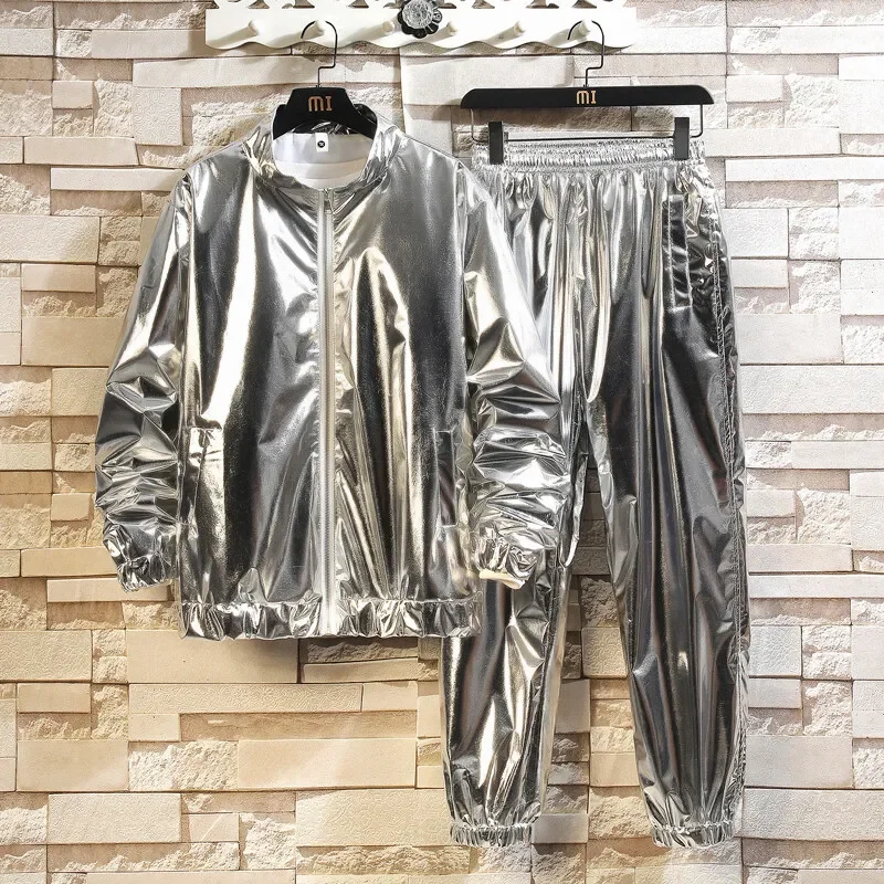 Men's Sets Shiny Metallic Suits Adult Disco 2 Piece Outfit Jacket Pants ...