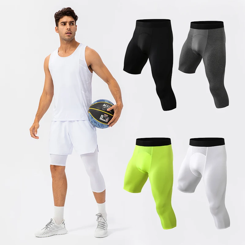 Basketball-Sport-Leggings-Mens-3-4-One-Leg-Compression-Tights ...