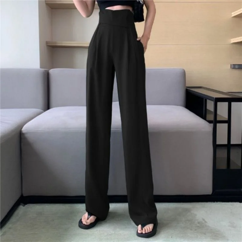 Straight-Leg-Trousers-for-Women-Tailoring-High-Waist-Elastic-Wide-Loose ...