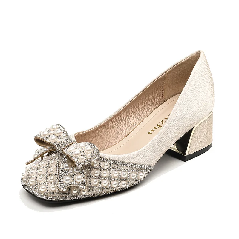 Big Size 35-43 Women Pumps Med Heel Square Toe Office Lady Shoes Pearls ...