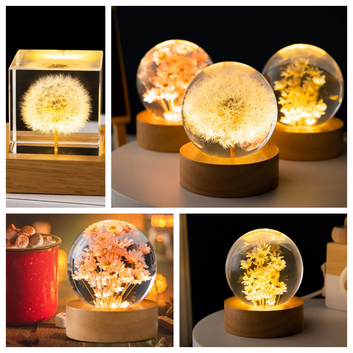 Crystal Ball Night Lights 3D Dandelion Glass Ball Wooden Base ...