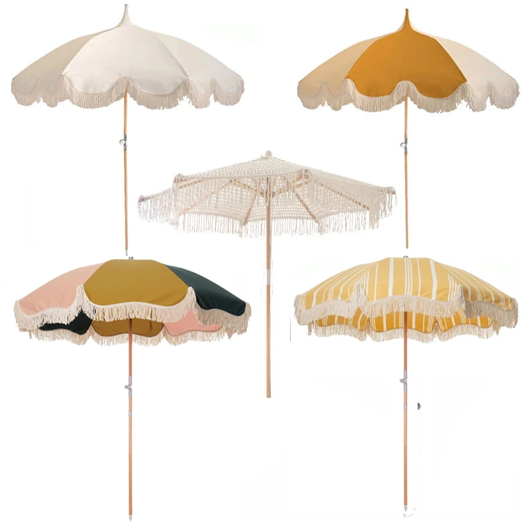 Vintage Outdoor Market Beach Parasol Pagoda Style Cotton Fringes ...