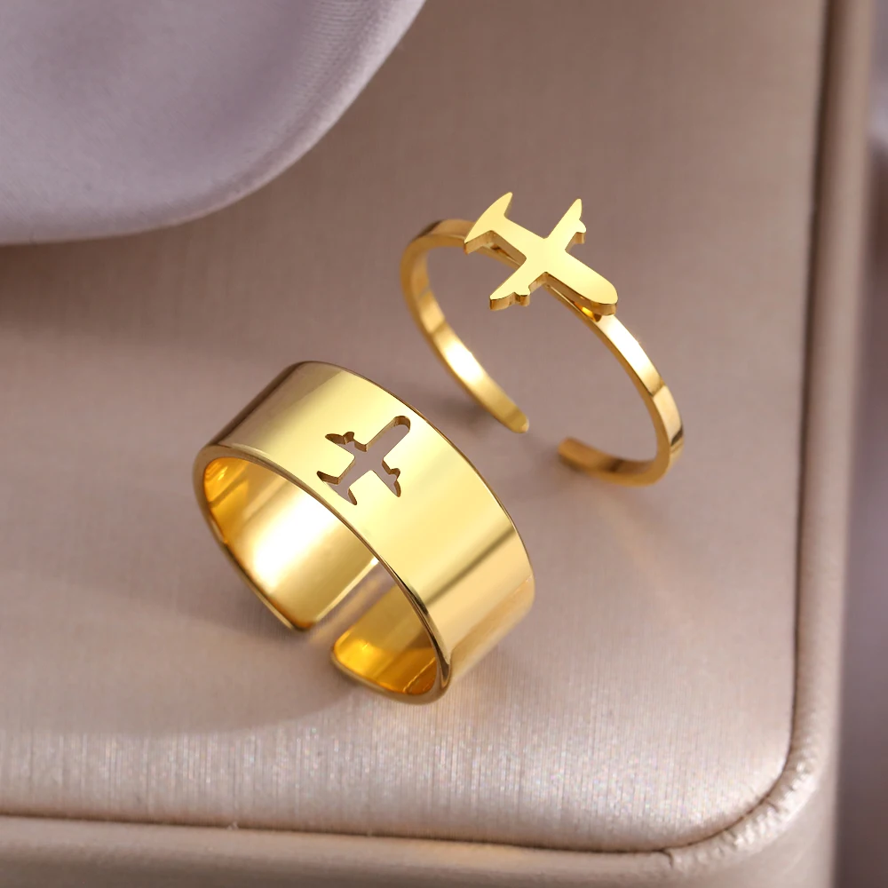 Anillos de acero inoxidable con diseño de avión minimalista para mujer, anillo de dedo ajustable ...