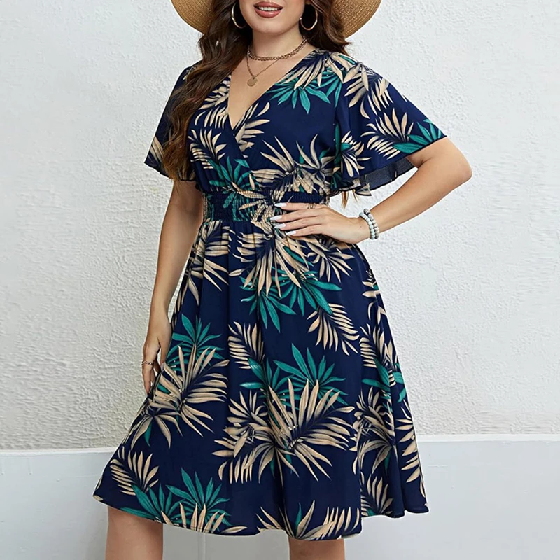 XL-3XL-Plus-Size-Women-V-neck-Short-Sleeved-Printed-Dress-With-Elastic ...