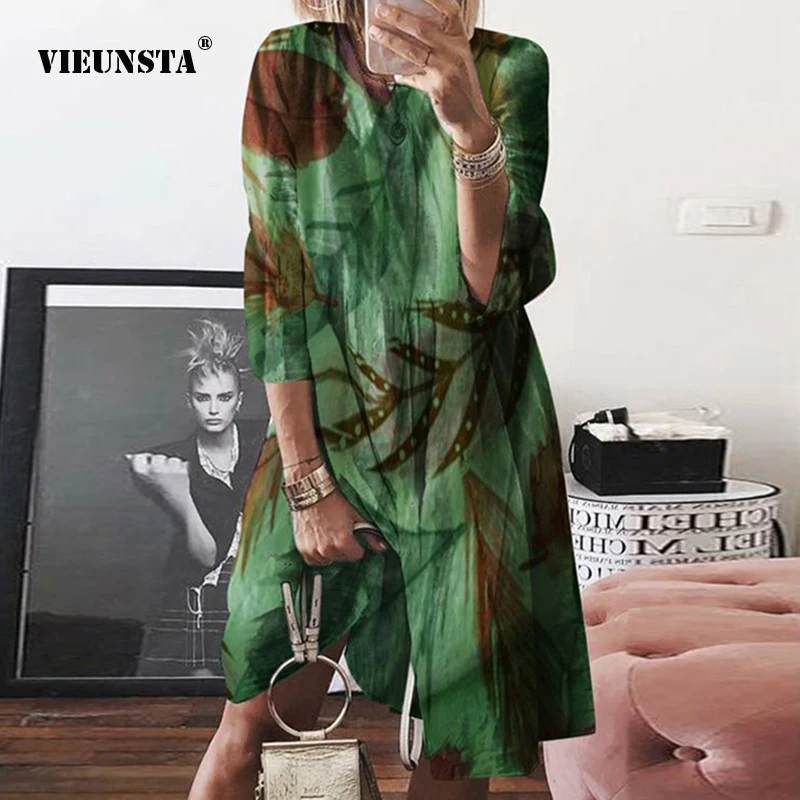 Spring/Summer 2022 New Vintage Print Round Neck Dresses Women's Digital Print Three quarter ...