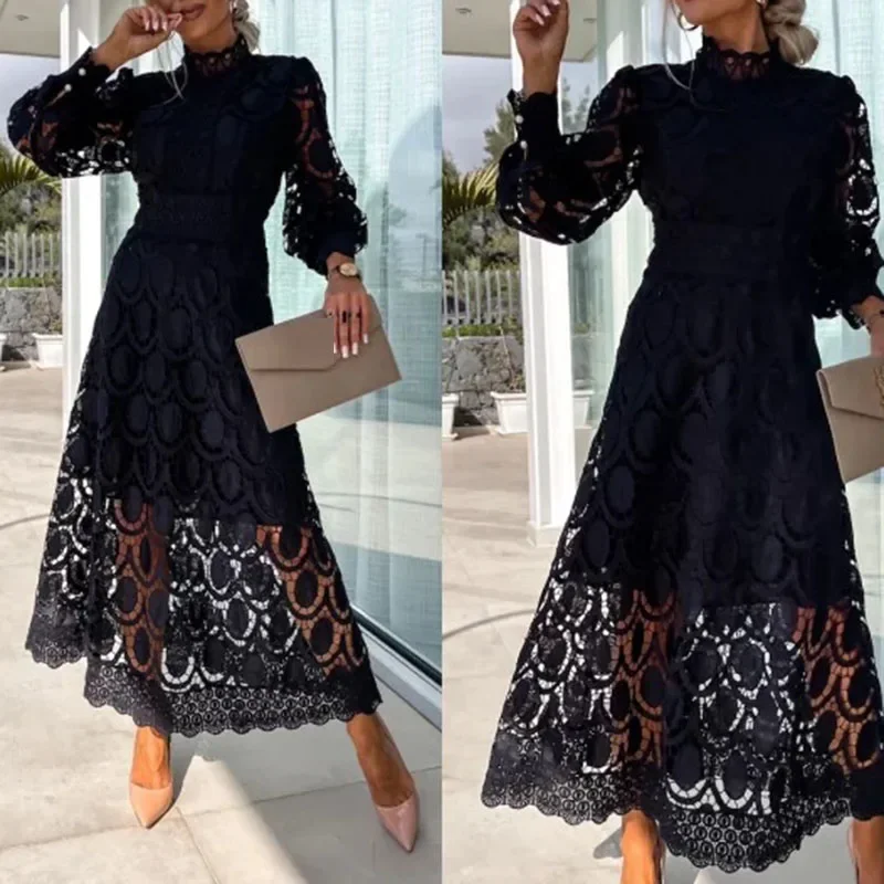 Spring-New-French-Lace-Dress-for-Women-Elegant-Stand-Collar-Commute ...