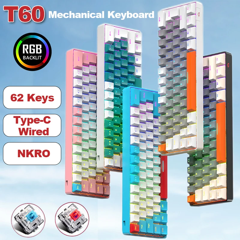 T60 Russian/en Mini Gaming Mechanical Keyboard 62 Keys Rgb Type-c Wired ...