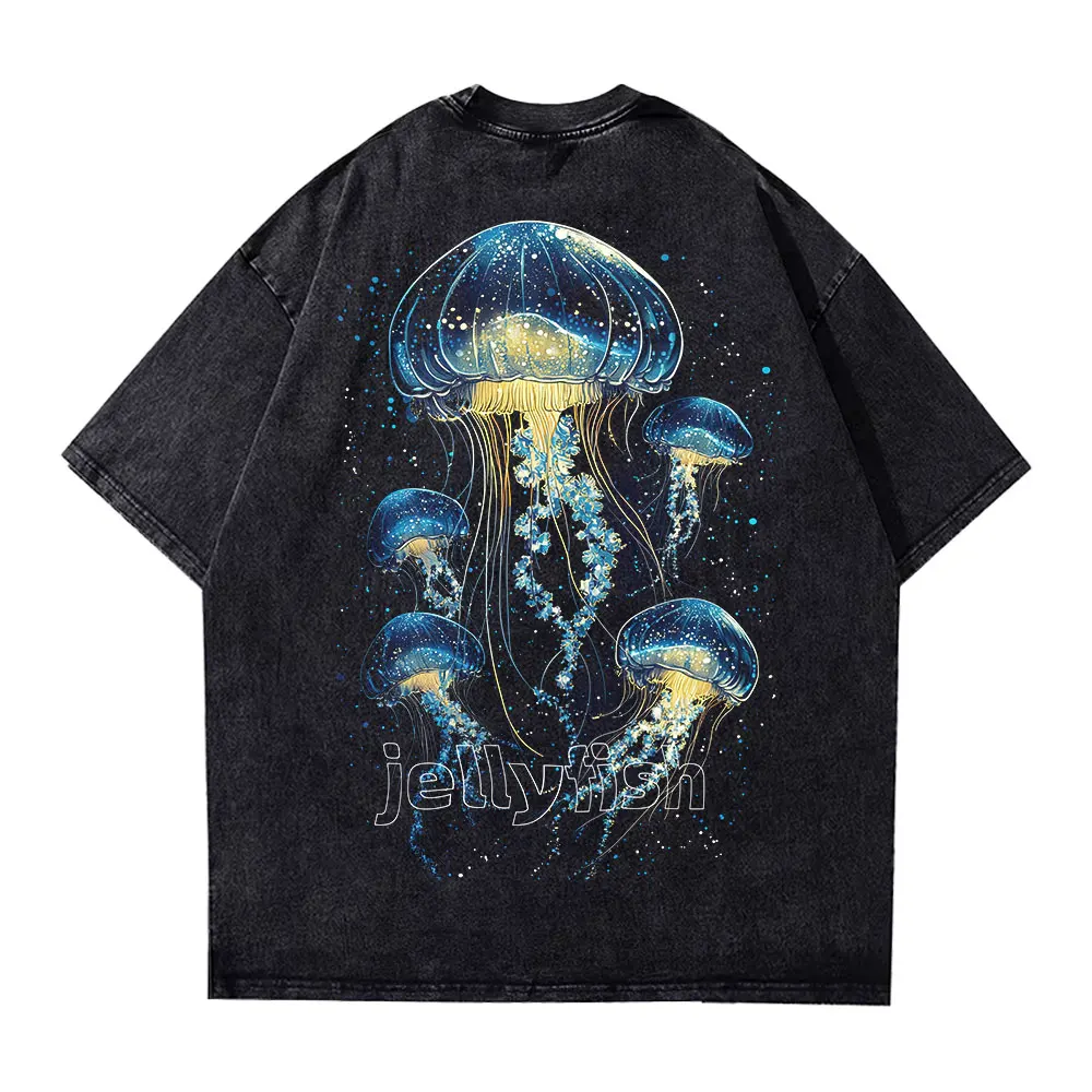 Swimming Colorful Jellyfish Print Mens Short Sleeve Japanese Harajuku O ...