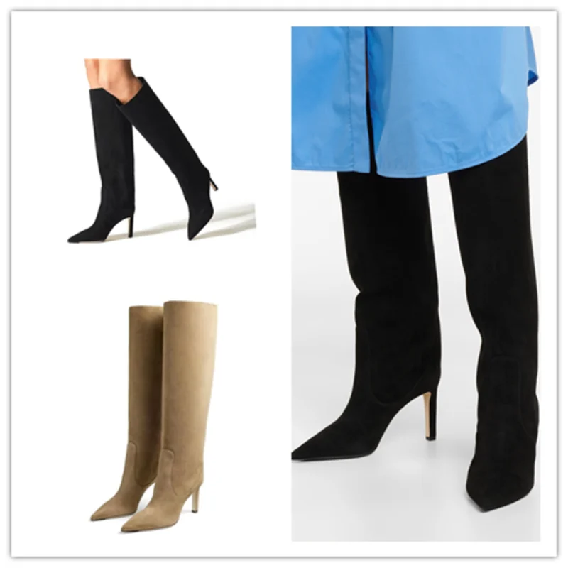 Women's New Suede Knee Boots Pointed Toe Stiletto Boots Fashion Fashion Week Noble Sleeve Plus ...