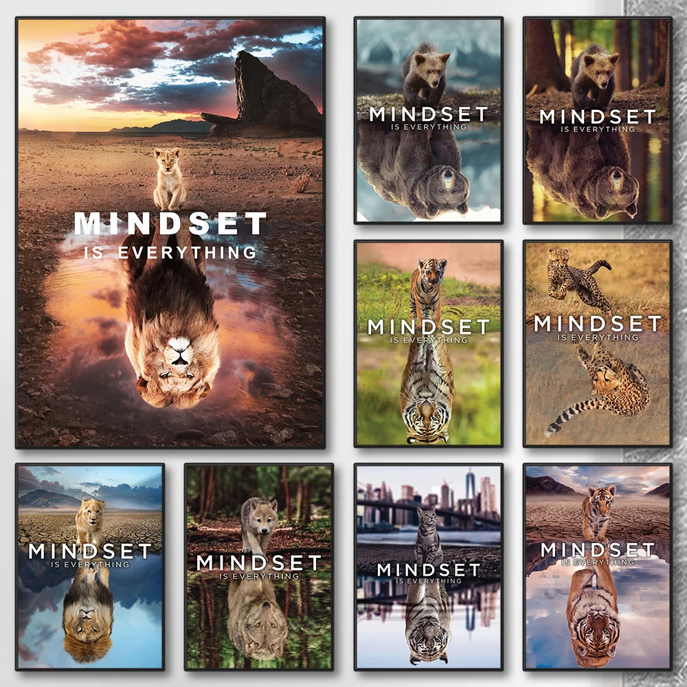 MINDSET IS EVERYTHING Motivational Poster Lion Tiger Wolf Animal Wall ...