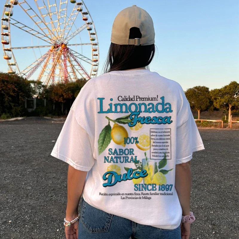 90s Retro Spanish Lemon Print Graphic Tees Women Back Print Oversized ...