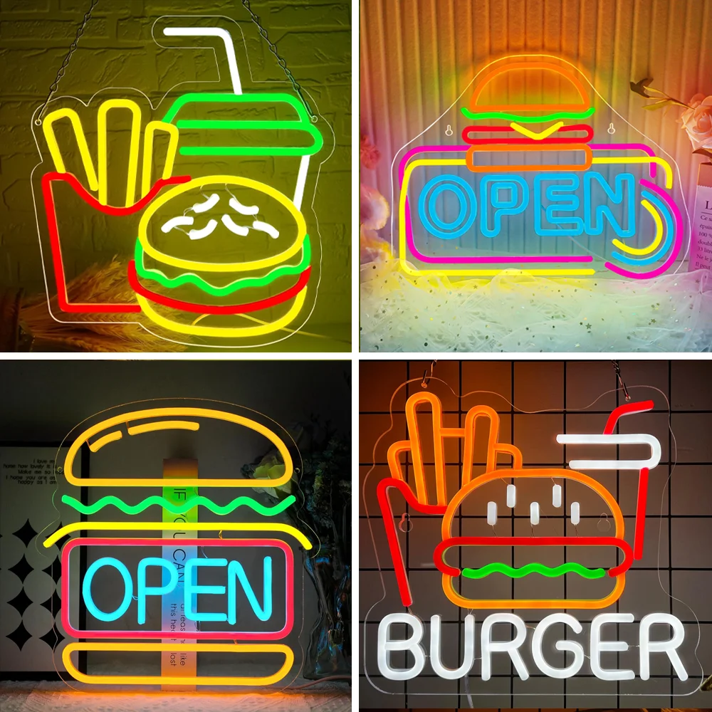 Hamburger Open Neon LED Sign Burger Shop Business Sign Fast Food ...