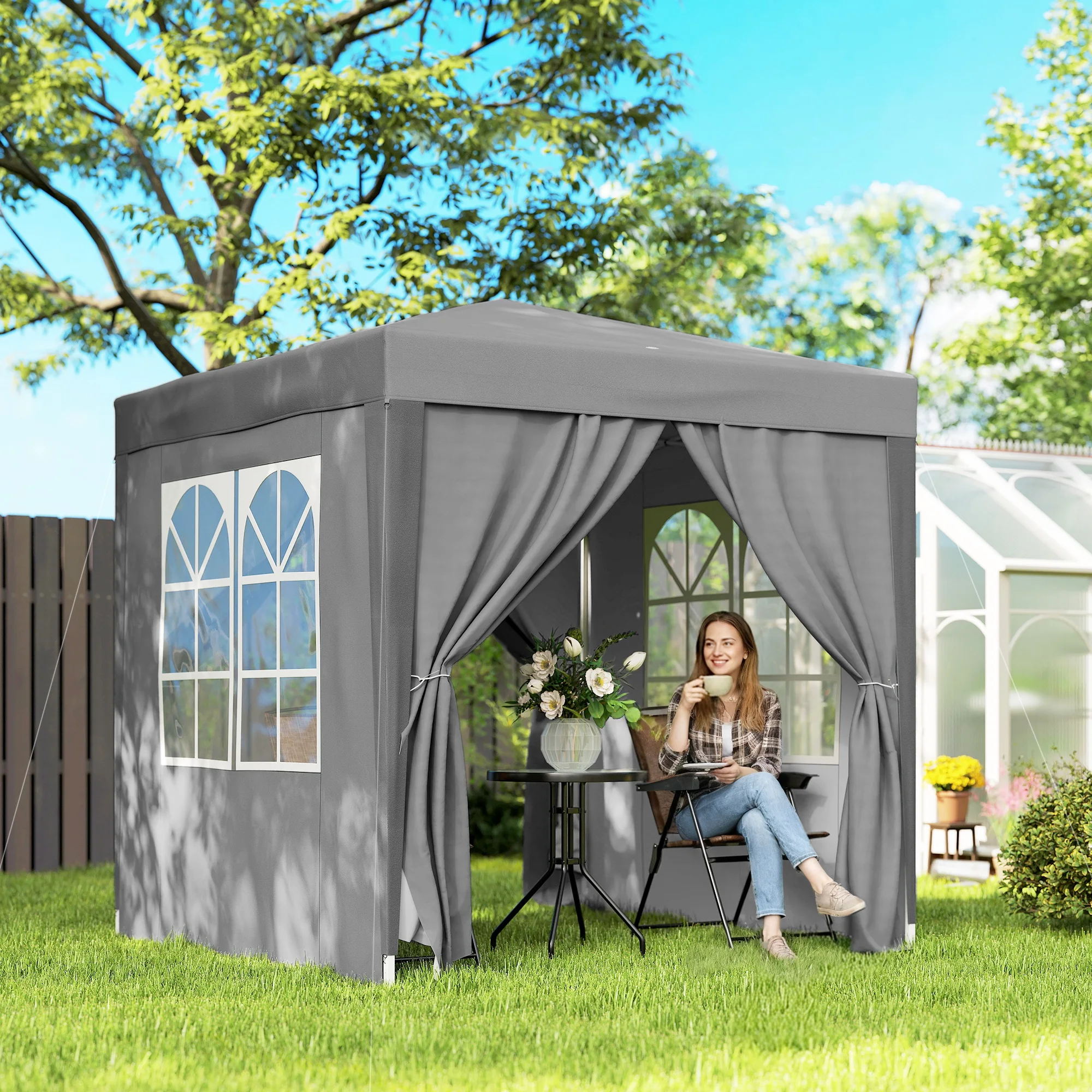 Outsunny Gazebo Foldable 2x2 m Pop Up with 2 Doors, 2 Windows, 4 ...